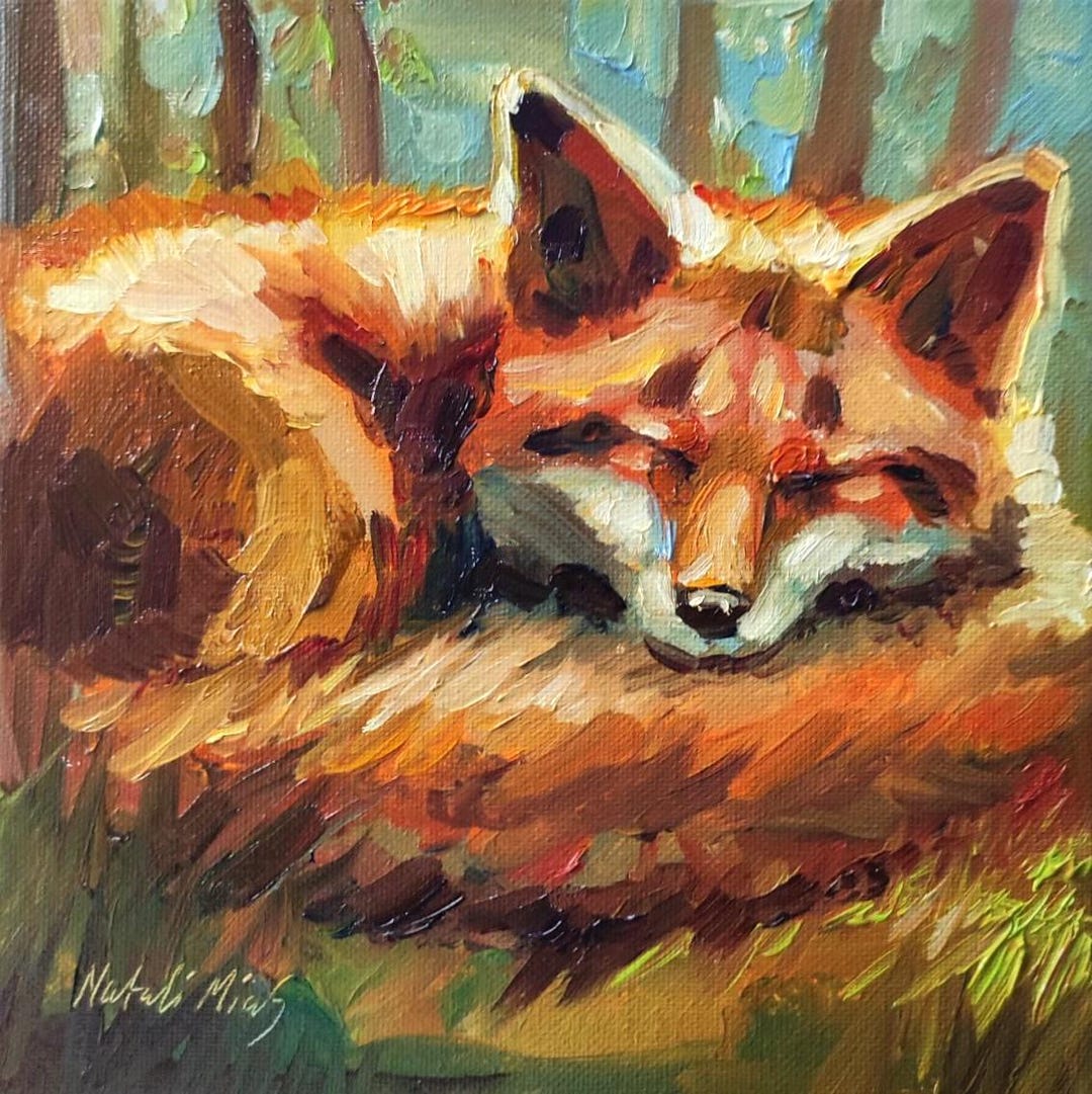 Sleeping Fox Original Oil Painting 8x8'' Cottagecore Art Forest Animal ...