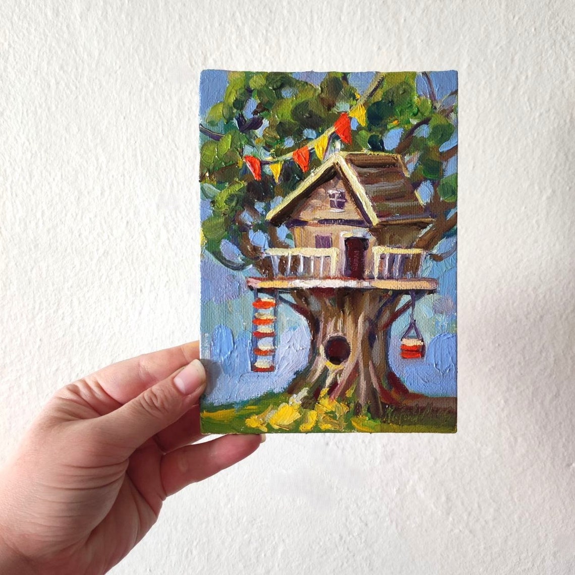 Tree House Original Oil Painting 5x7'' Cottagecore Painting Nursery ...