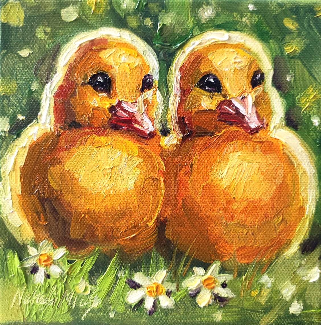 Little Ducklings Original Oil Painting 6x6'' Two Yellow Fluffy Duck Art ...