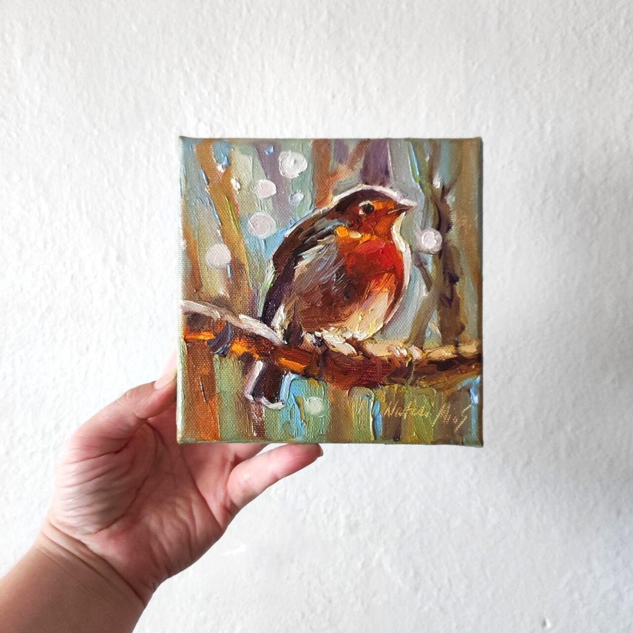 Robin Bird, Original Oil Painting 6x6'' Original Bird Wall Art. Bird ...