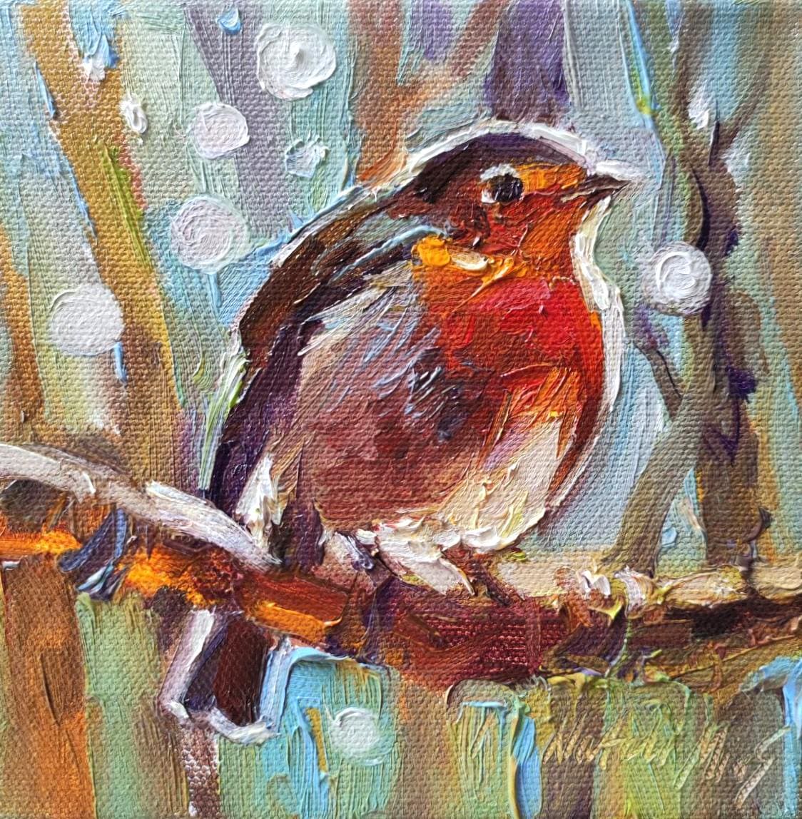 Robin Bird, Original Oil Painting 6x6'' Original Bird Wall Art. Bird ...