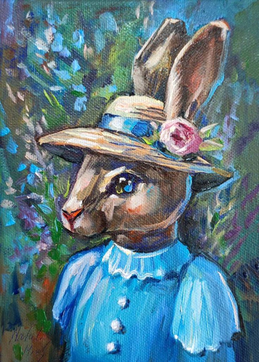 Lady Rabbit Oil Painting, 6x8 Fantasy Hare Painting Whimsical Animal ...