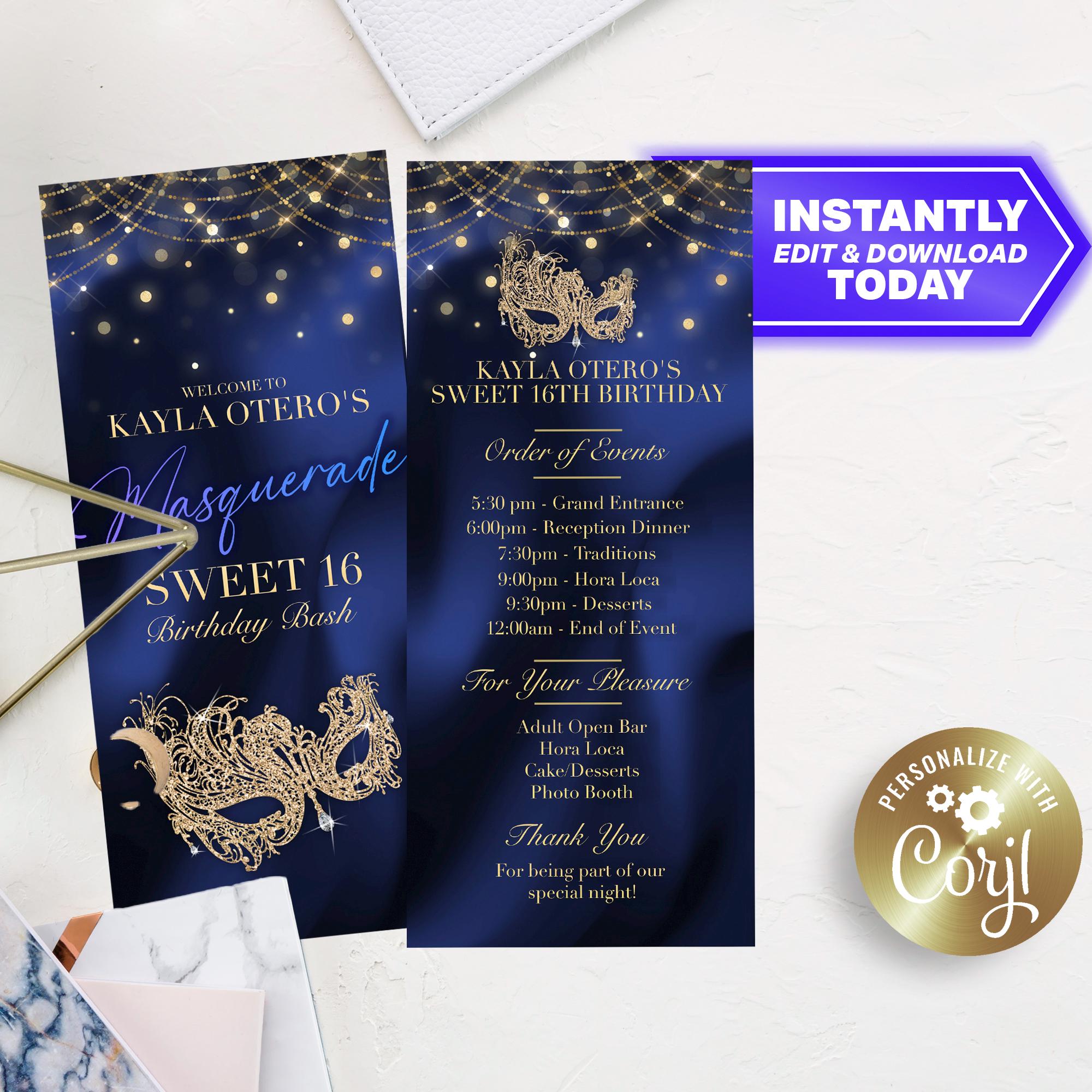 Masquerade Ball Sweet 16 or Quinceanera Birthday Party BLUE and Gold ...