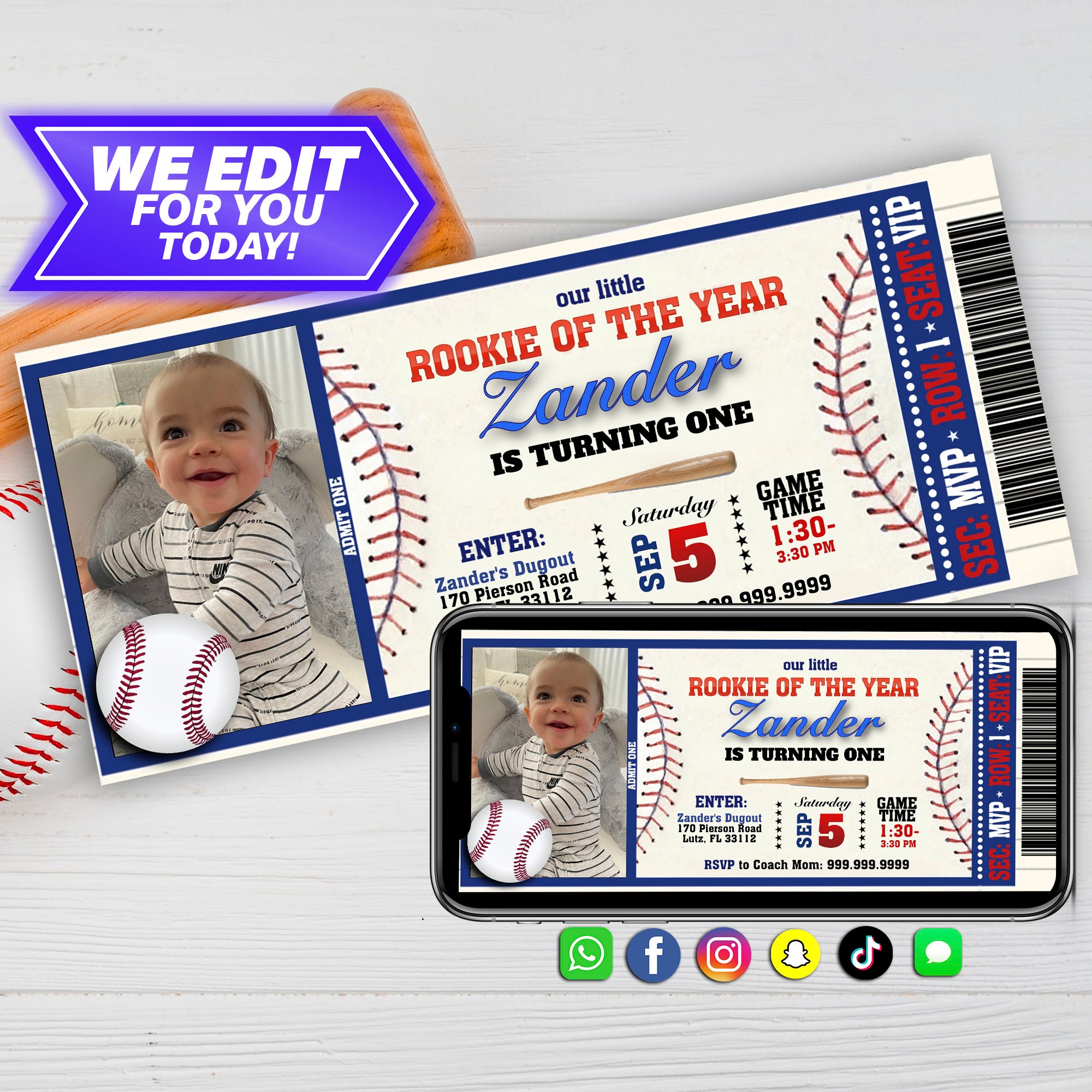 Baseball First Birthday Invitation Ticket Baseball Party Ticket Invite ...