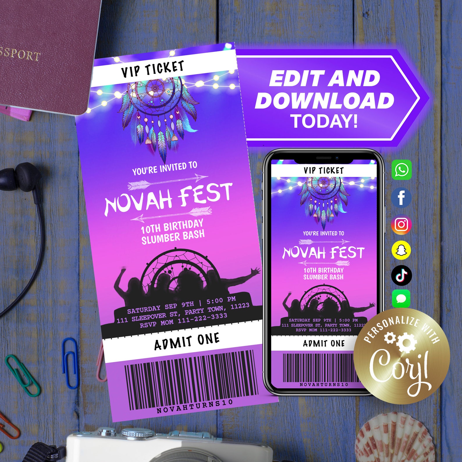 Music Festival Birthday Girl VIP TICKET Invitation Party Concert ...