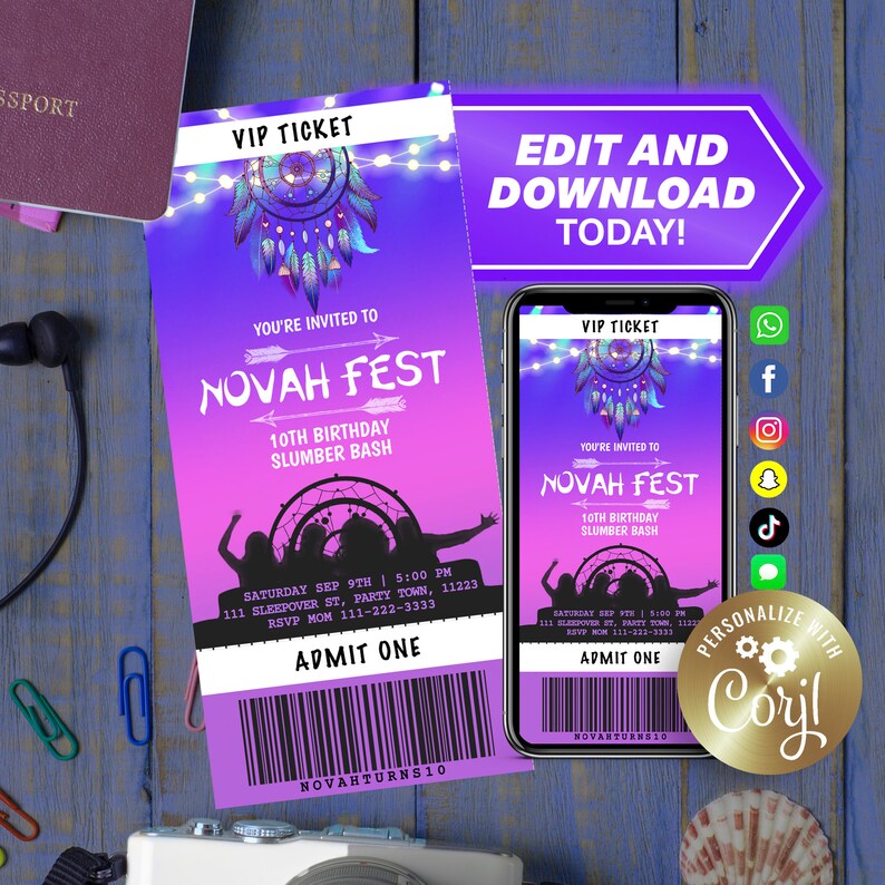 Music Festival Birthday Girl VIP TICKET Invitation Party Concert ...
