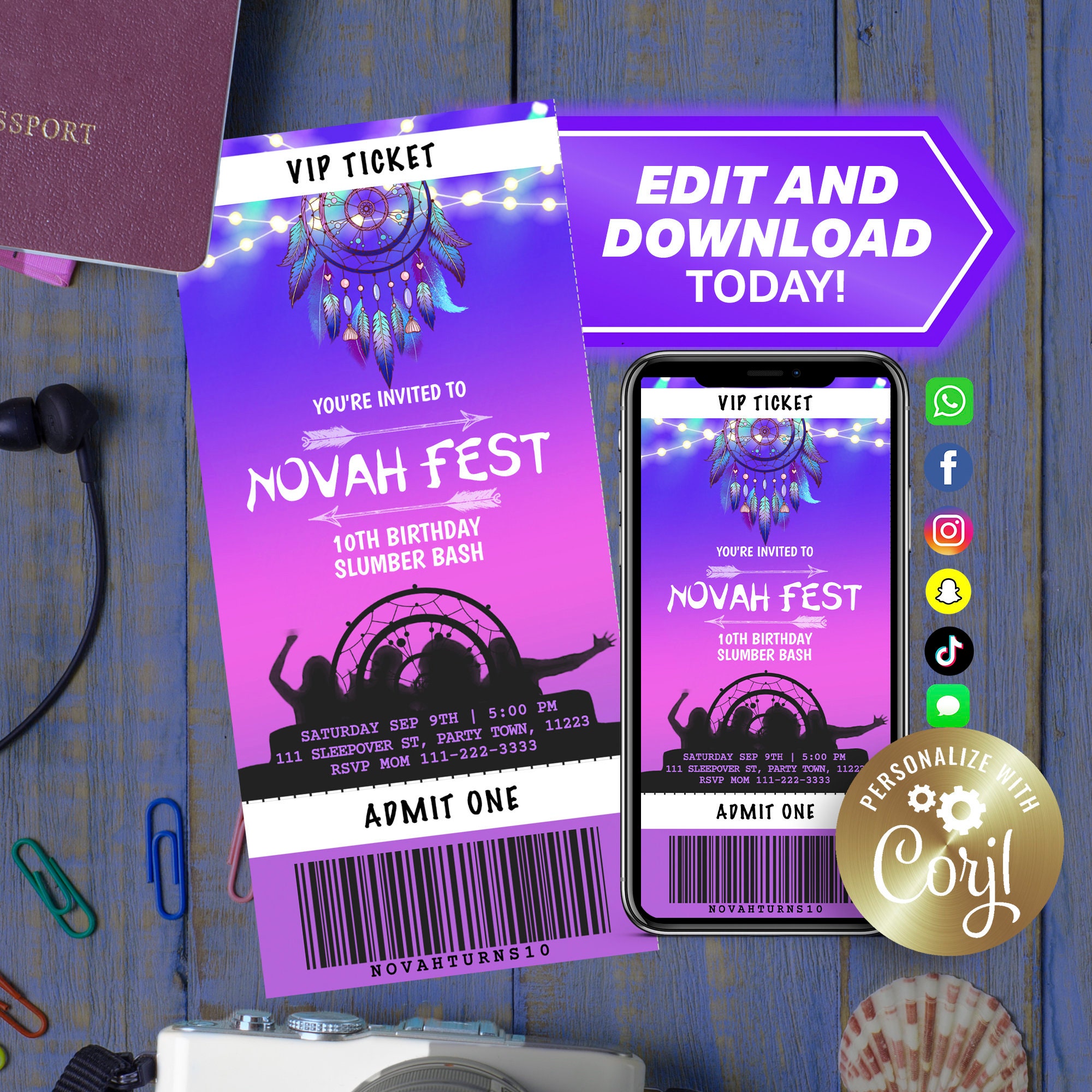 Music Festival Birthday Girl VIP TICKET Invitation Party Concert ...