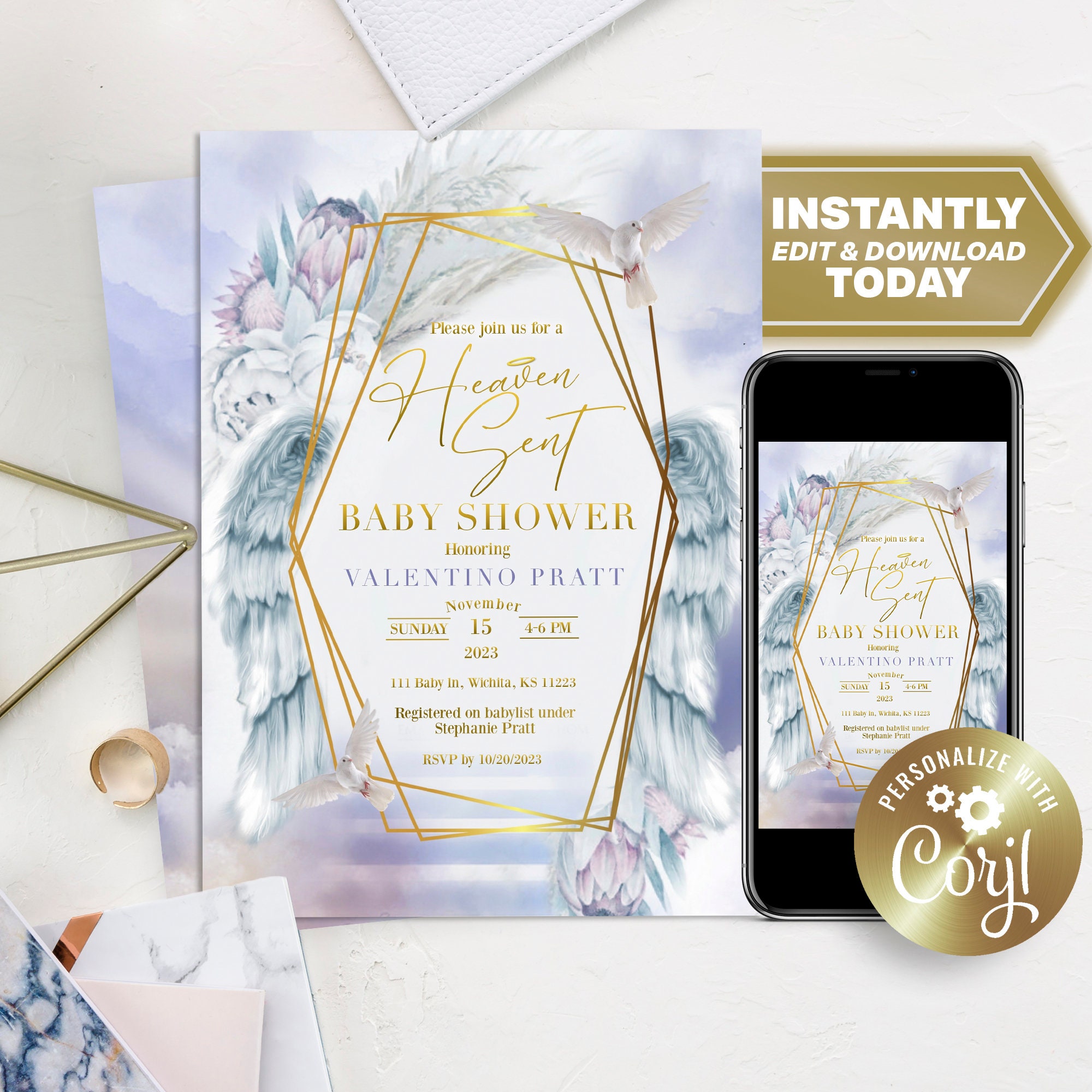 Heaven Sent Baby Shower Invitation Template for Sky and Angel Themed ...