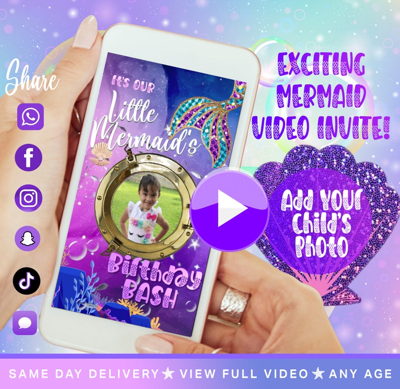 Purple Mermaid Birthday Party Video Invitation ADD YOUR PHOTO Under the ...