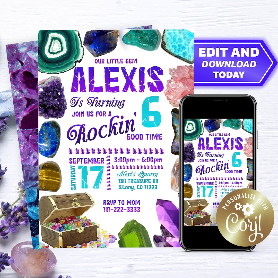 Gemstone Birthday Invitation Gemstone Party Invite Rock Party Gem ...