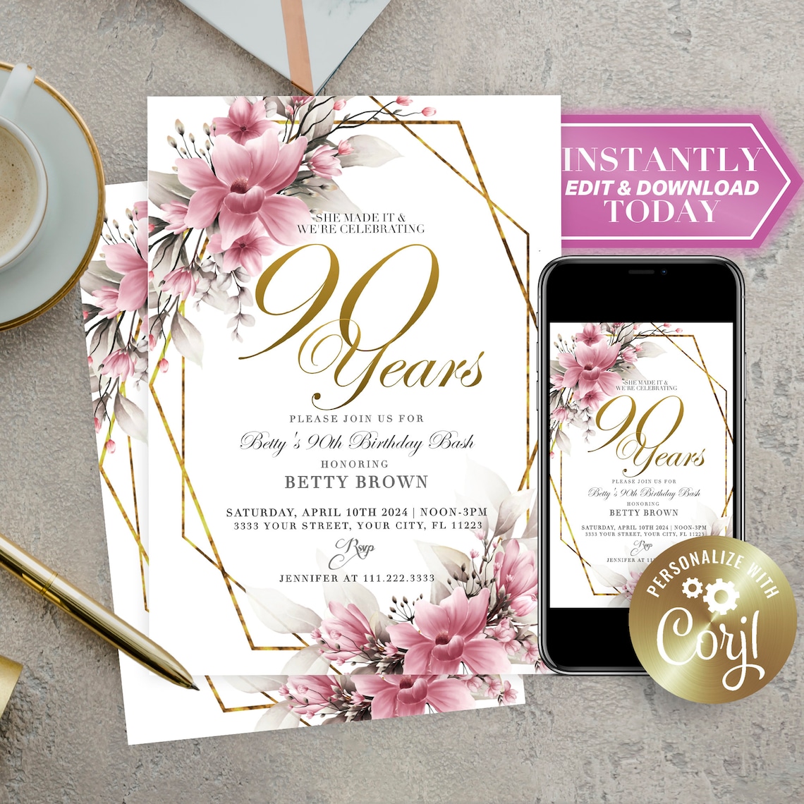 90th Birthday Party Invitation Elegant Card With Pink Flowers for Women ...