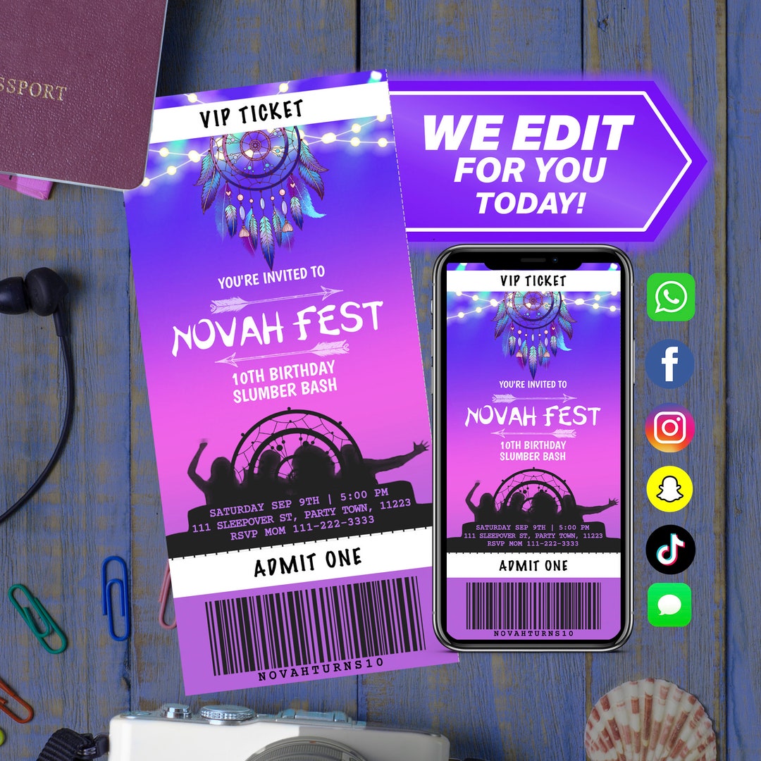 Music Festival Birthday Girl VIP TICKET Invitation Party Concert ...