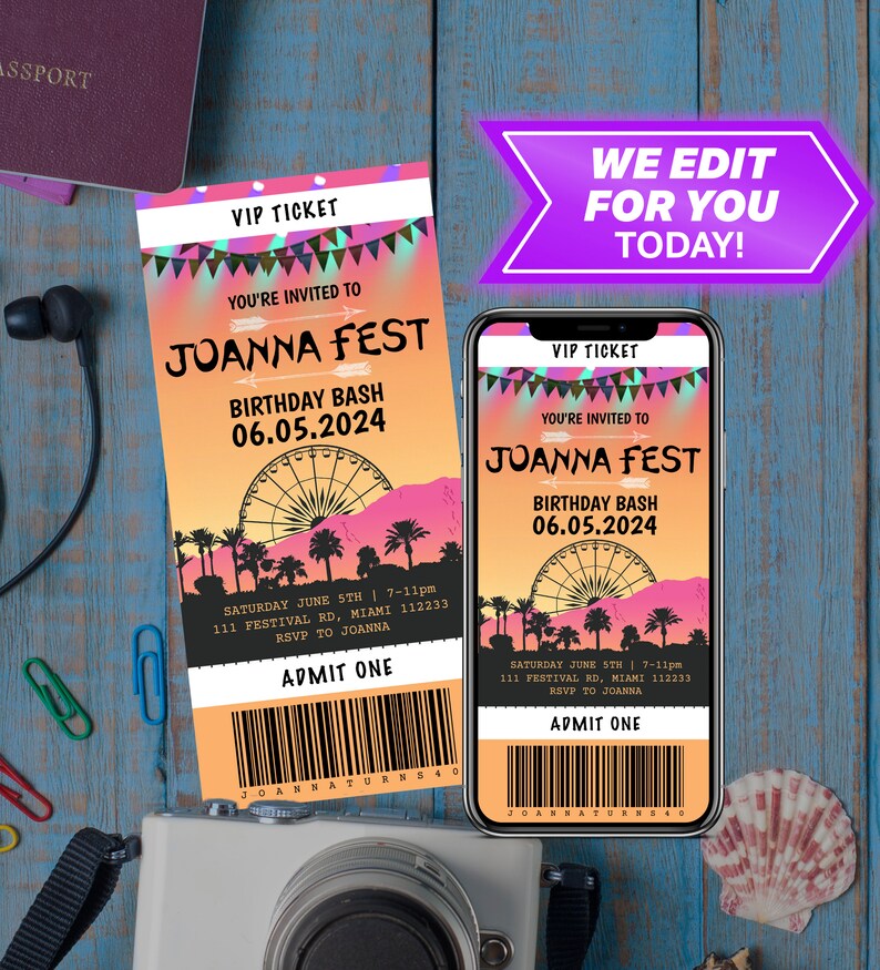 Music Festival Birthday Girl VIP TICKET Invitation Party Concert Desert ...