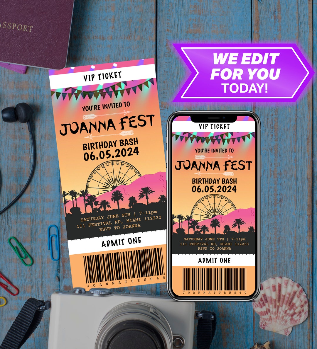 Music Festival Birthday Party VIP Ticket Invitation Professionally ...