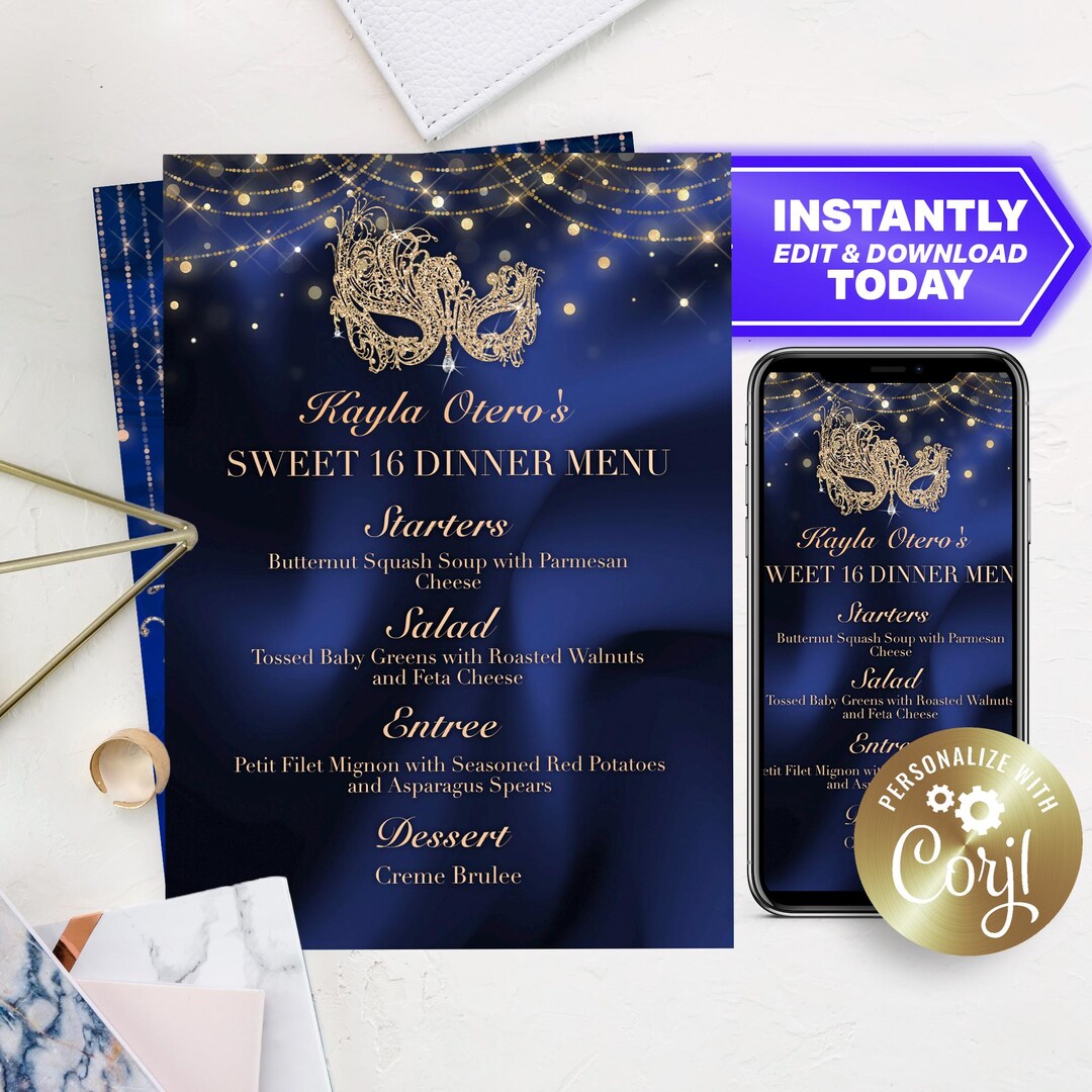 Masquerade Ball Sweet 16 or Quinceanera Birthday Party BLUE and Gold ...