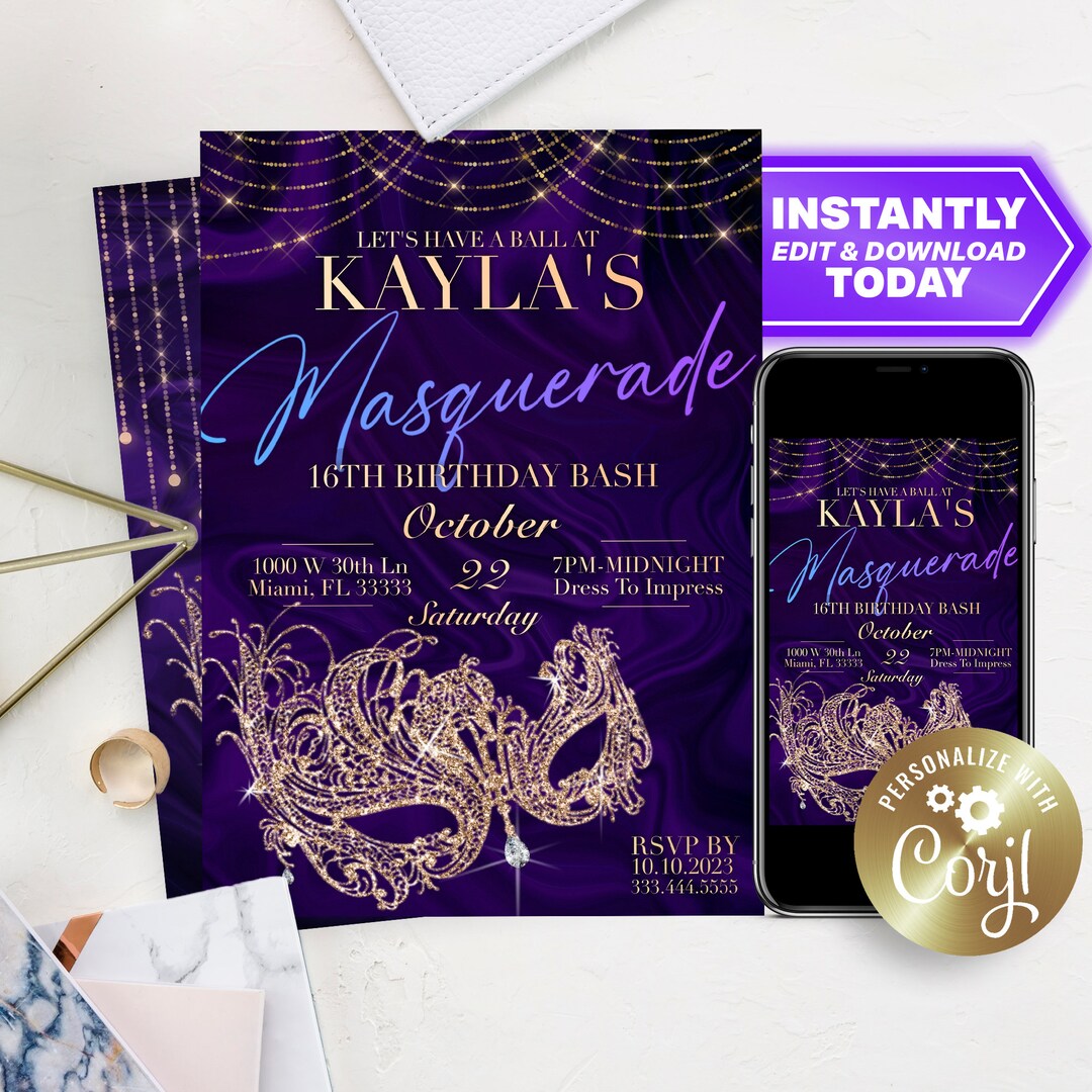 Masquerade Ball Invitation Sweet 16 or Quinceanera Birthday Party ...