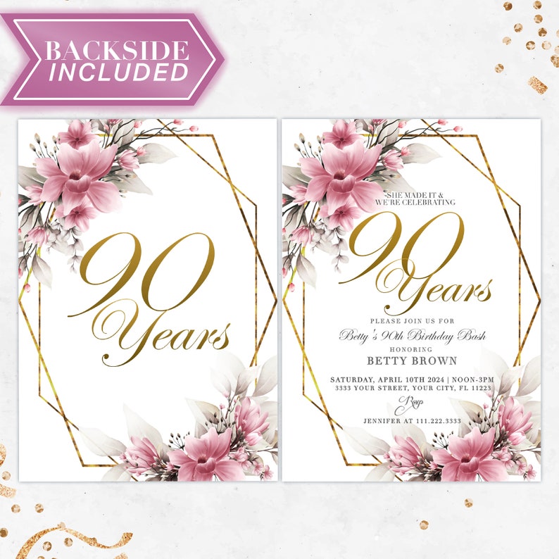 90th Birthday Party Invitation Elegant Card With Pink Flowers for Women ...