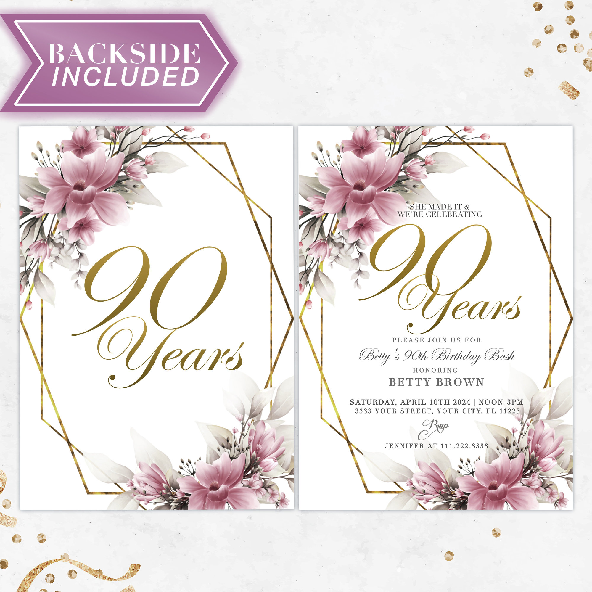 90th Birthday Party Invitation Elegant Card With Pink Flowers for Women ...