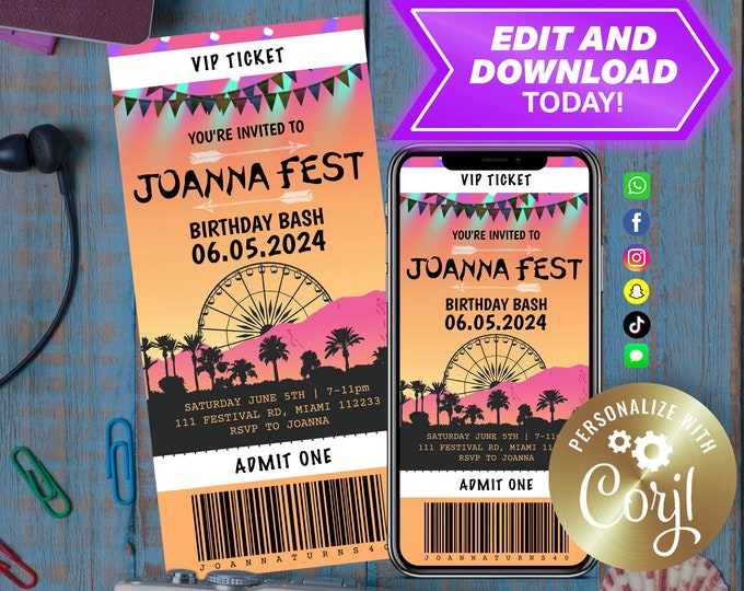 Music Festival Themed Birthday Party Invite I EDIT, YOU PRINT - Etsy
