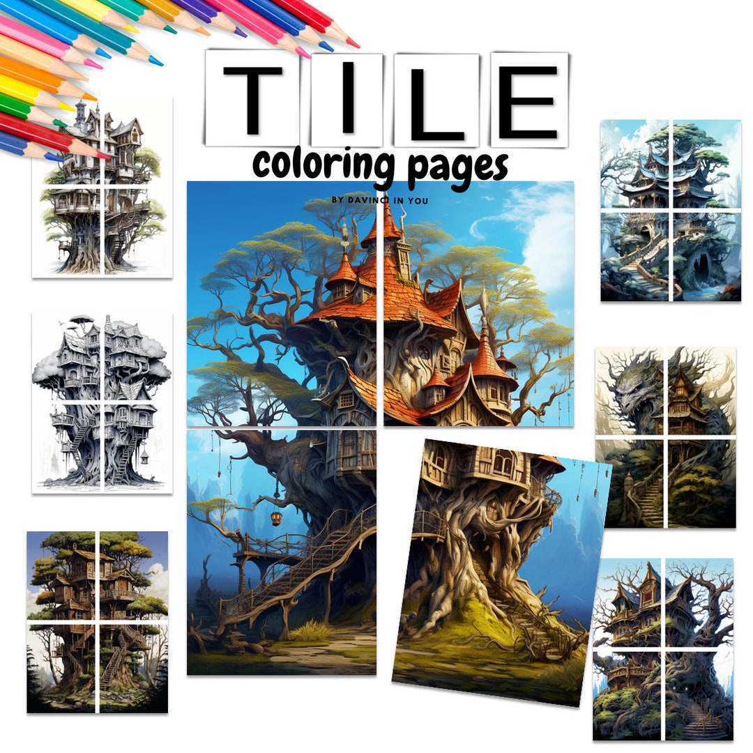 60 Enchanted Treehouses Coloring Pages PLUS 10 Tile Style Posters ...