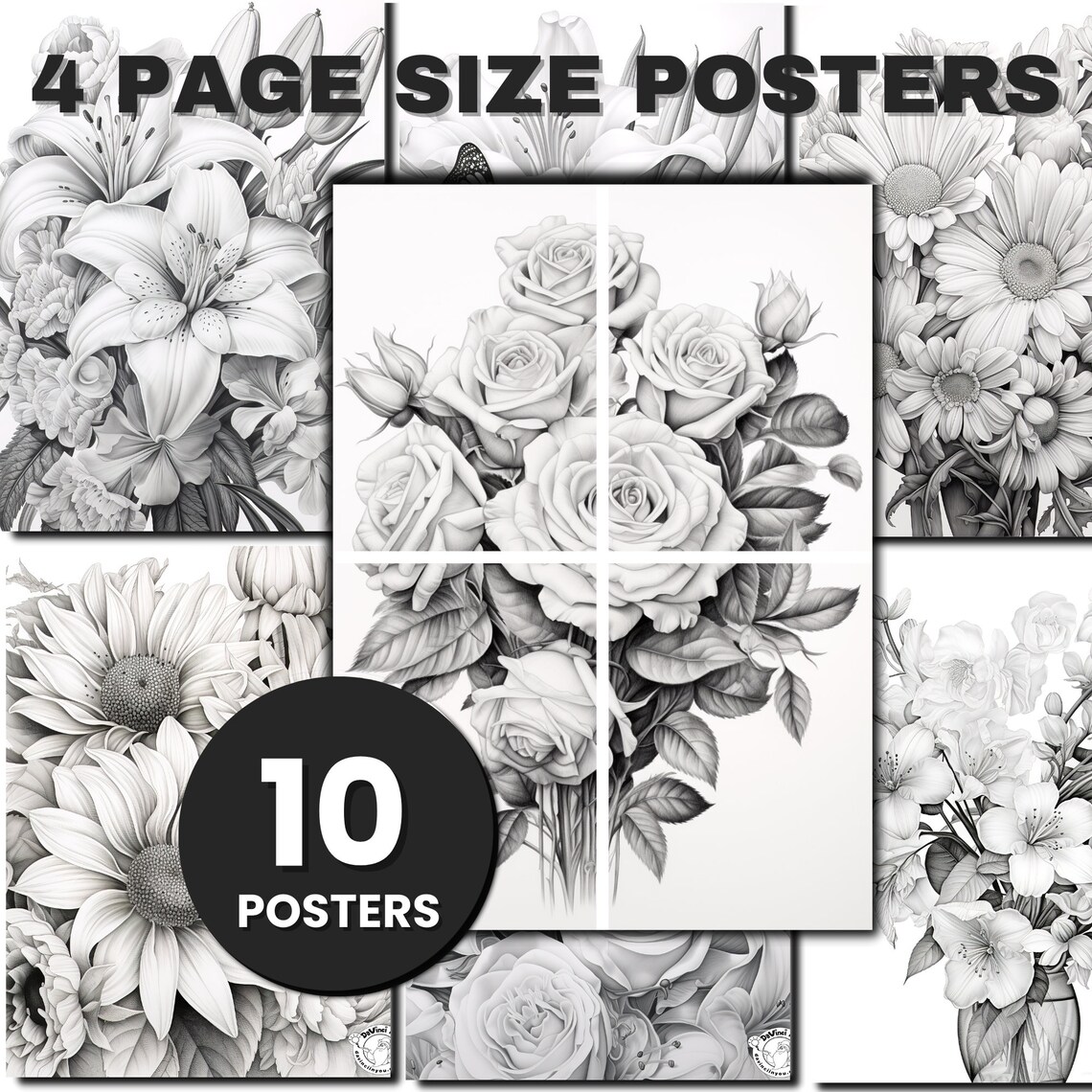 60 Floral Coloring Pages BONUS 10 Tile Posters and 60 Grayscale / Ultra ...