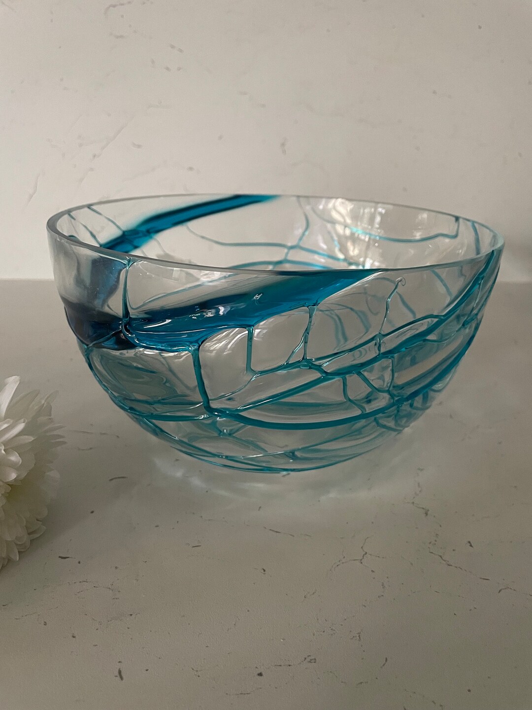 Blenko Style Vintage Large Clear Glass Bowl With Applied Blue String ...