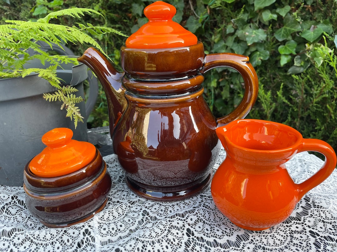 Vintage Staffel Stoneware Brown & Orange Teapot, Milk Jug and Sugar ...