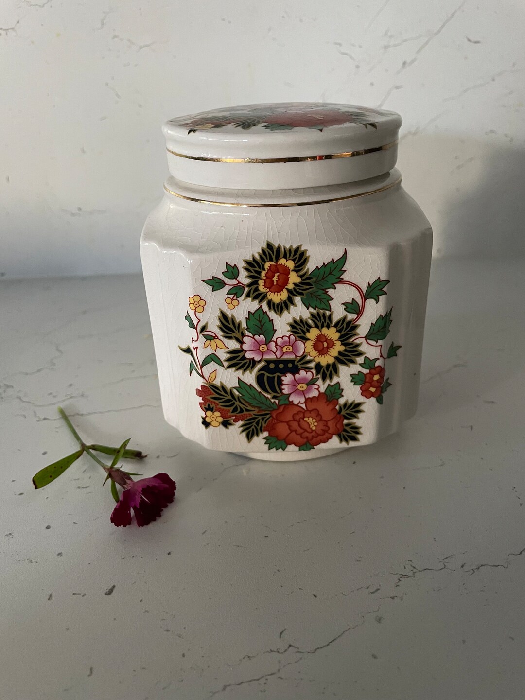 Vintage Sadler Square Canister/tea Caddy With Red, Yellow Floral Peony ...