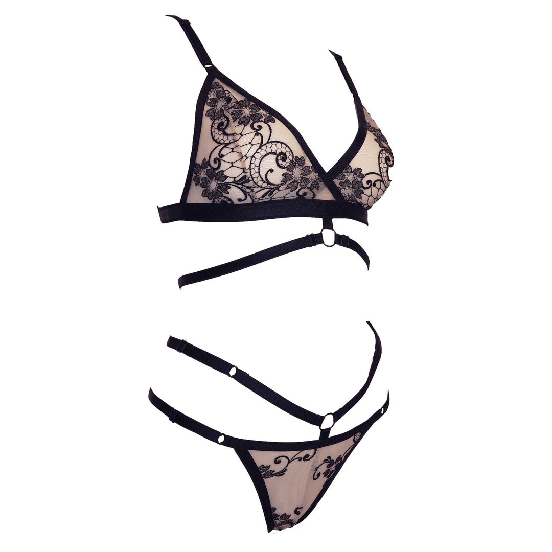 Mistinquett Lace Lingerie Set Black & Light Pink Handmade - Etsy