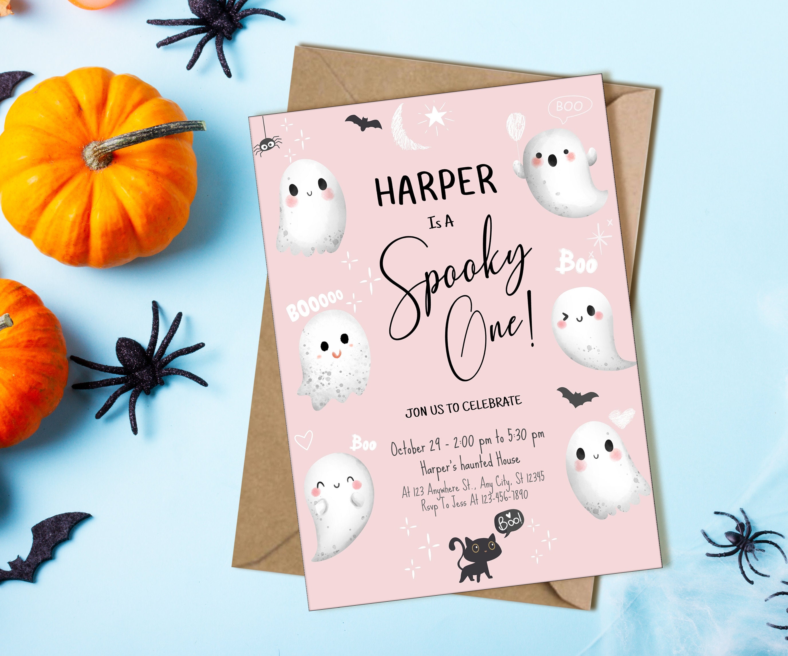 Editable Halloween Pink Spooky One Water Bottle Label, Cute Ghost ...