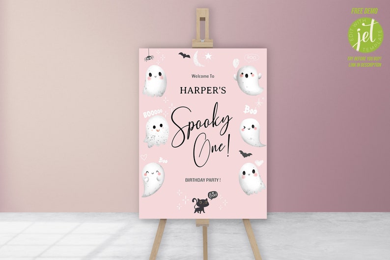 Editable Halloween Pink Spooky One Water Bottle Label, Cute Ghost ...