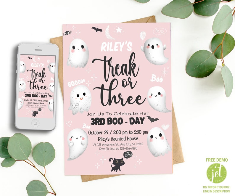 Trick or Three Invitation, Editable Halloween Spooky 3rd Birthday ...