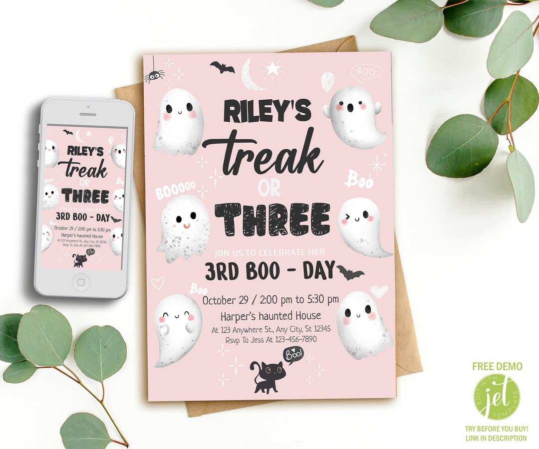 Trick or Three Invitation, Editable Halloween Spooky 3rd Birthday ...