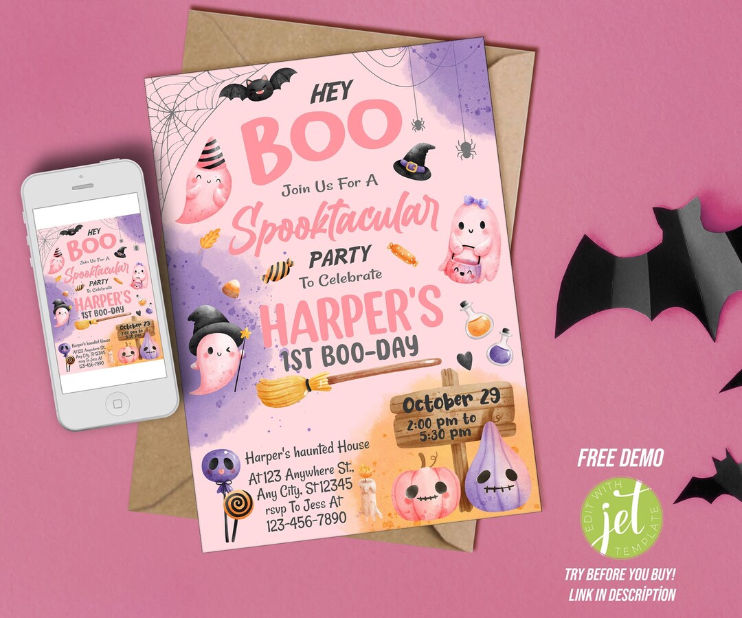 Editable Pink Hey Boo Spooktacular Ghost Birthday Party Invitation ...