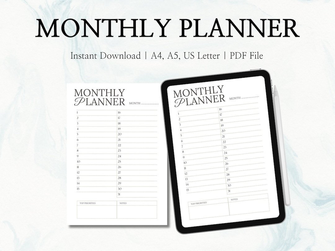Digital Monthly Planner Printable A4, A5, US Letter Sizes Instant ...