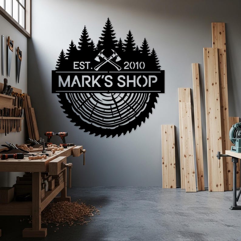 Personalized Woodshop Metal Sign, Custom Saw Blade Tree Ring Decor ...