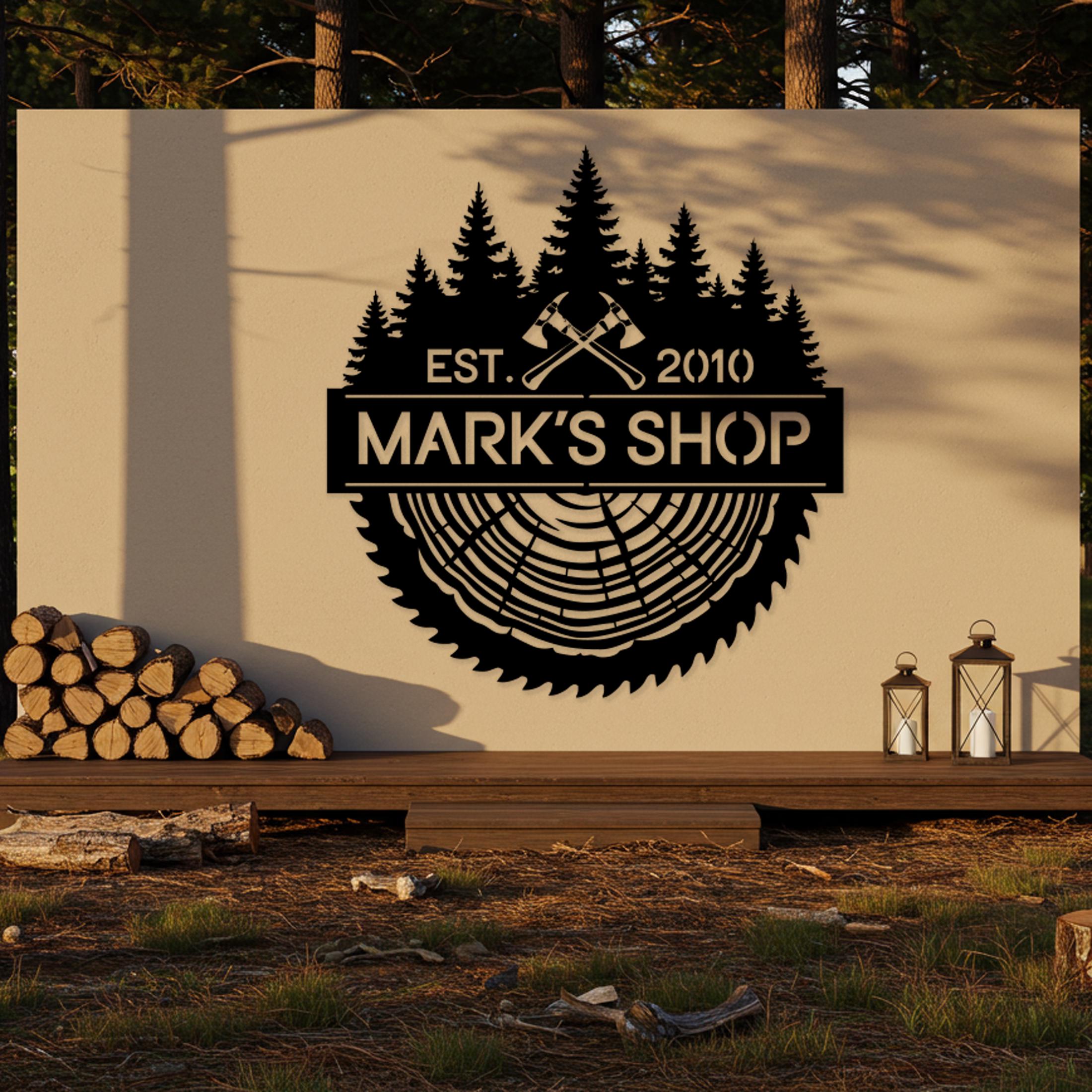 Personalized Woodshop Metal Sign, Custom Saw Blade Tree Ring Decor ...