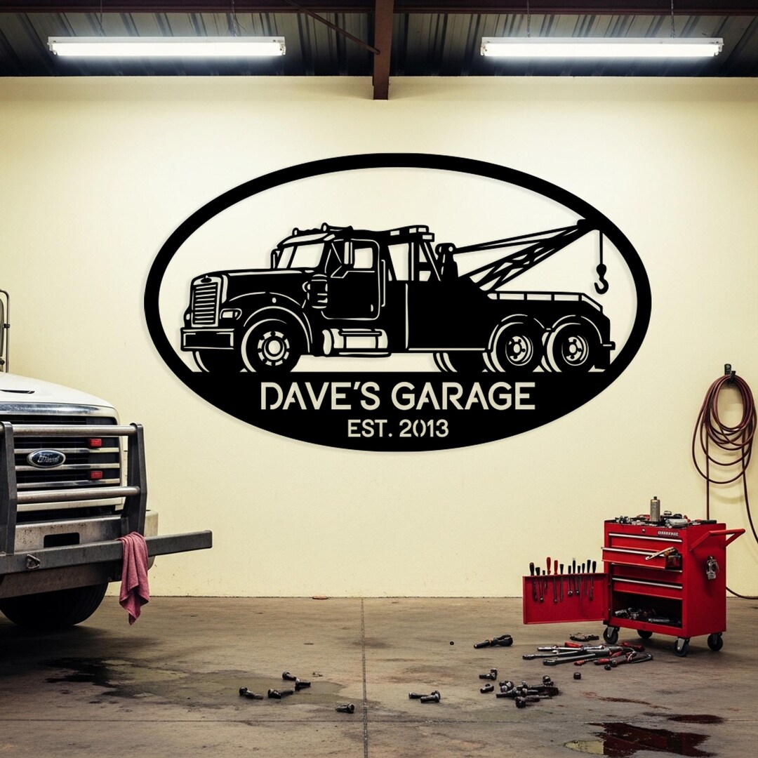 Custom Tow Truck Metal Sign, Personalized Garage Wall Decor, Mechanic ...