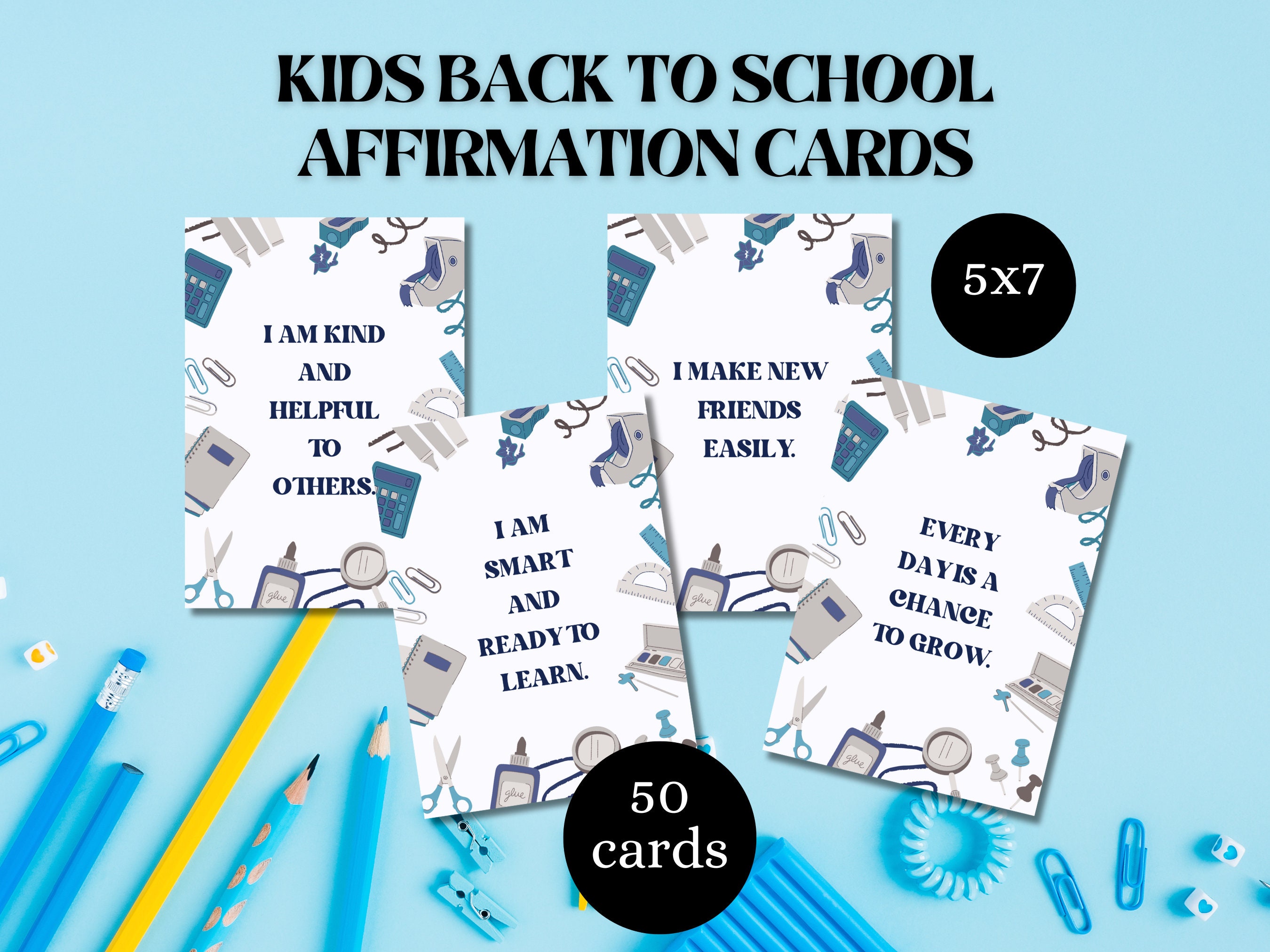 Kids Back to School Affirmation Cards, Set of 50 Printable Cards ...