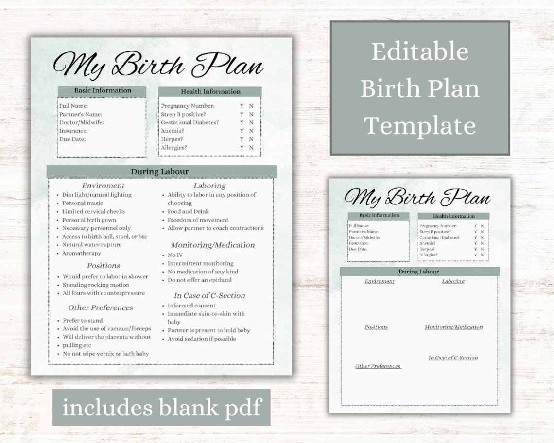 Birth Plan Template Editable Birth Preferences on Canva Printable ...