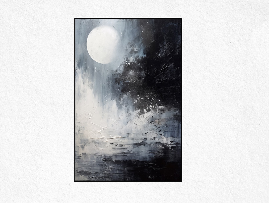 Hand Painted Full Moon Oil Painting: Abstract Night Landscape Wall Art ...