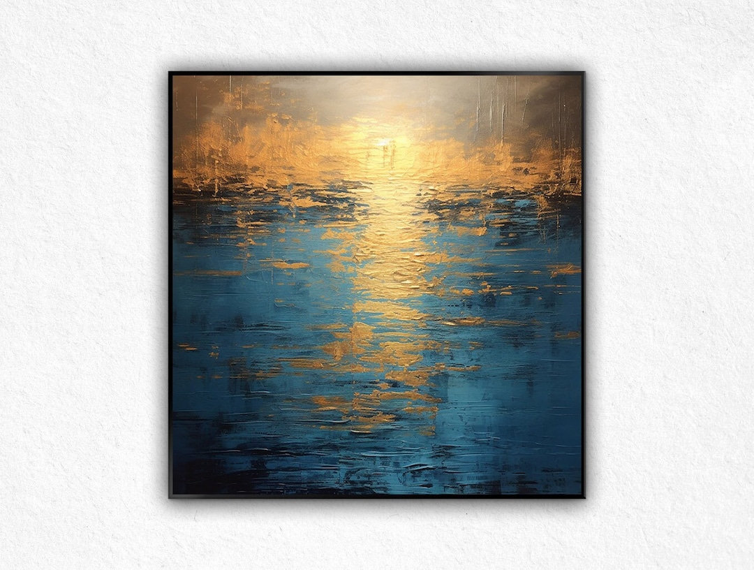 Handmade Landscape Painting Navy Blue & Gold Painting Blue Abstract Art ...