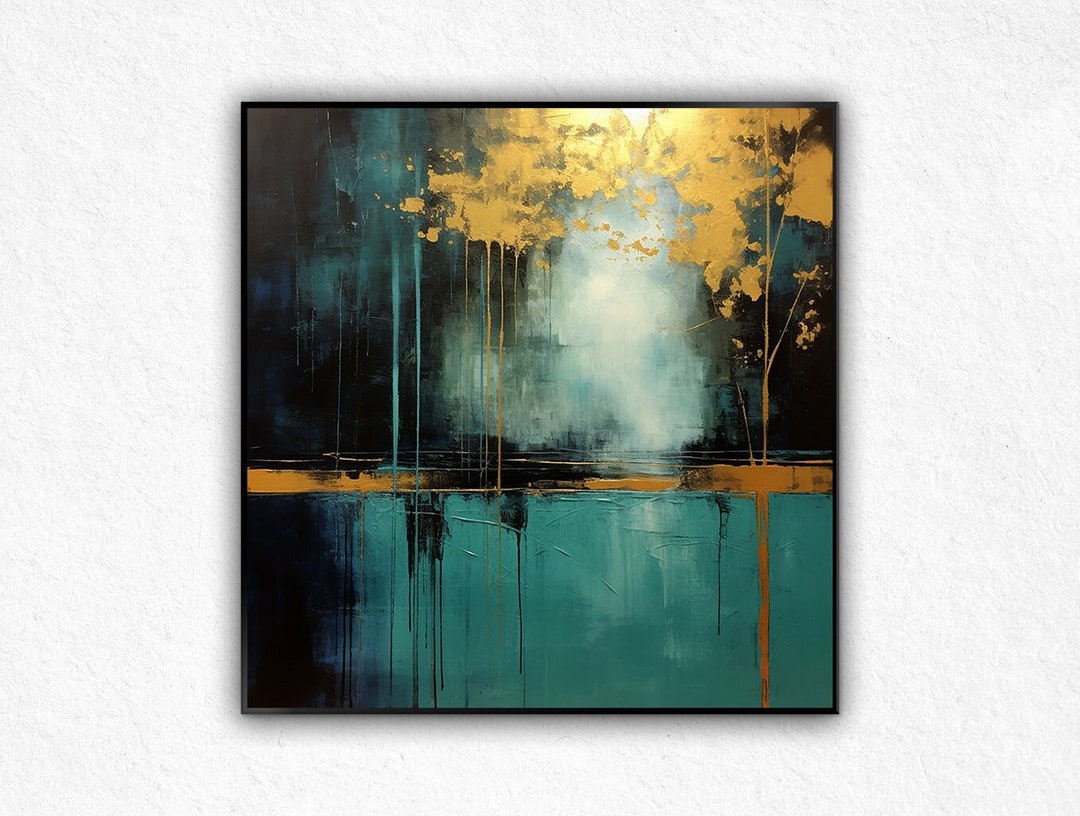 Abstract Gold Leaf Oil Painting Indigo Green Painting Ocean Leaf Gold ...