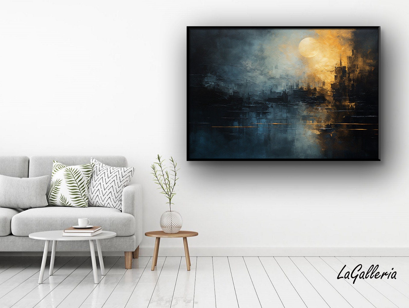 Handmade Full Moon Cityscape Painting: Textured Abstract Acrylic Oil ...
