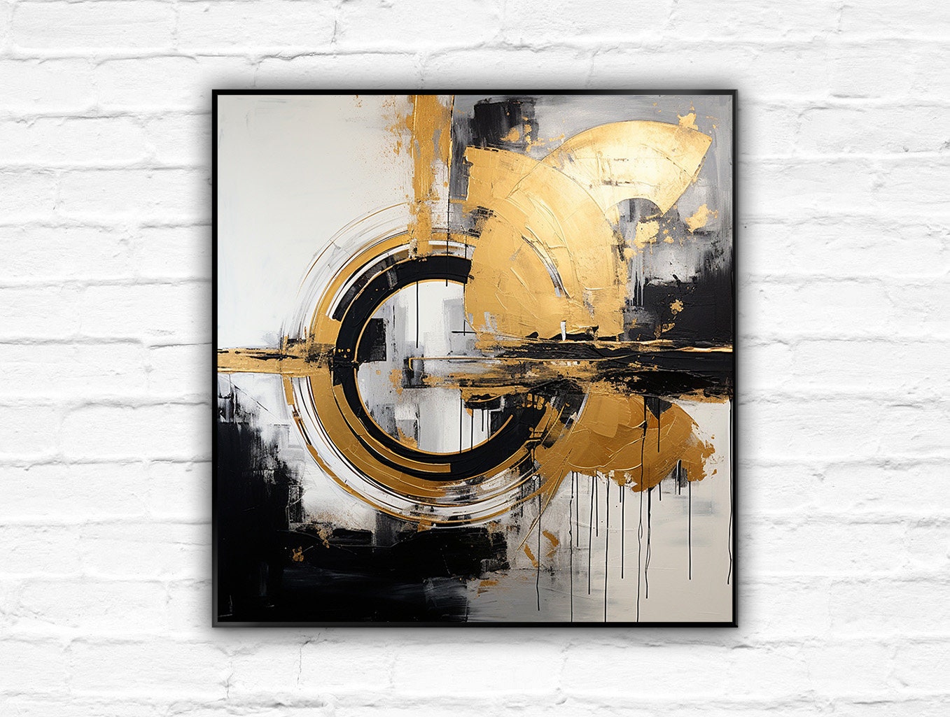 Abstract Gold Black Circle Oil Painting on Canvas, Large Wall Art ...