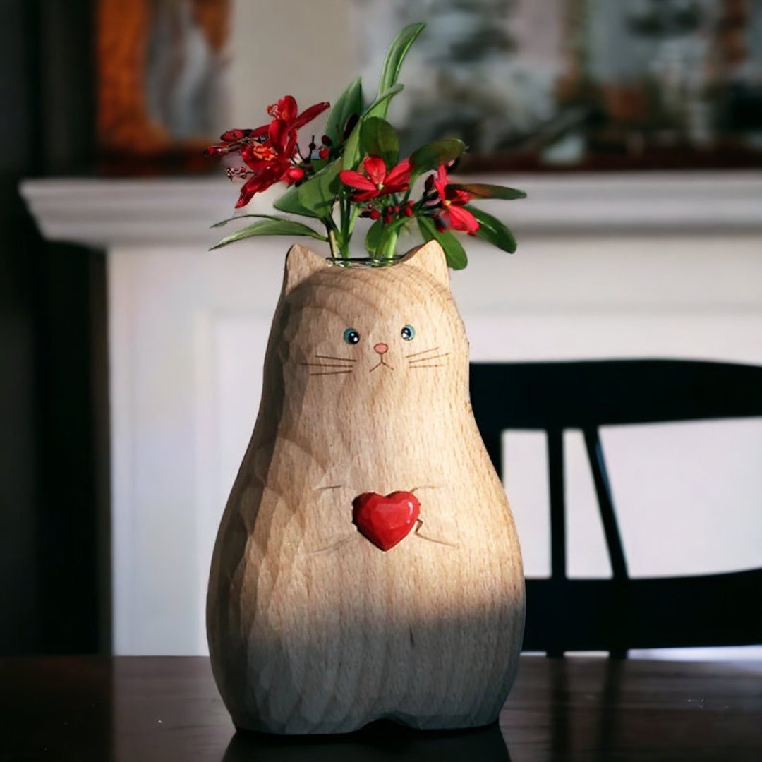 Cute Cat Vase Carved From Wood Handmade Wooden Cat Vase - Etsy