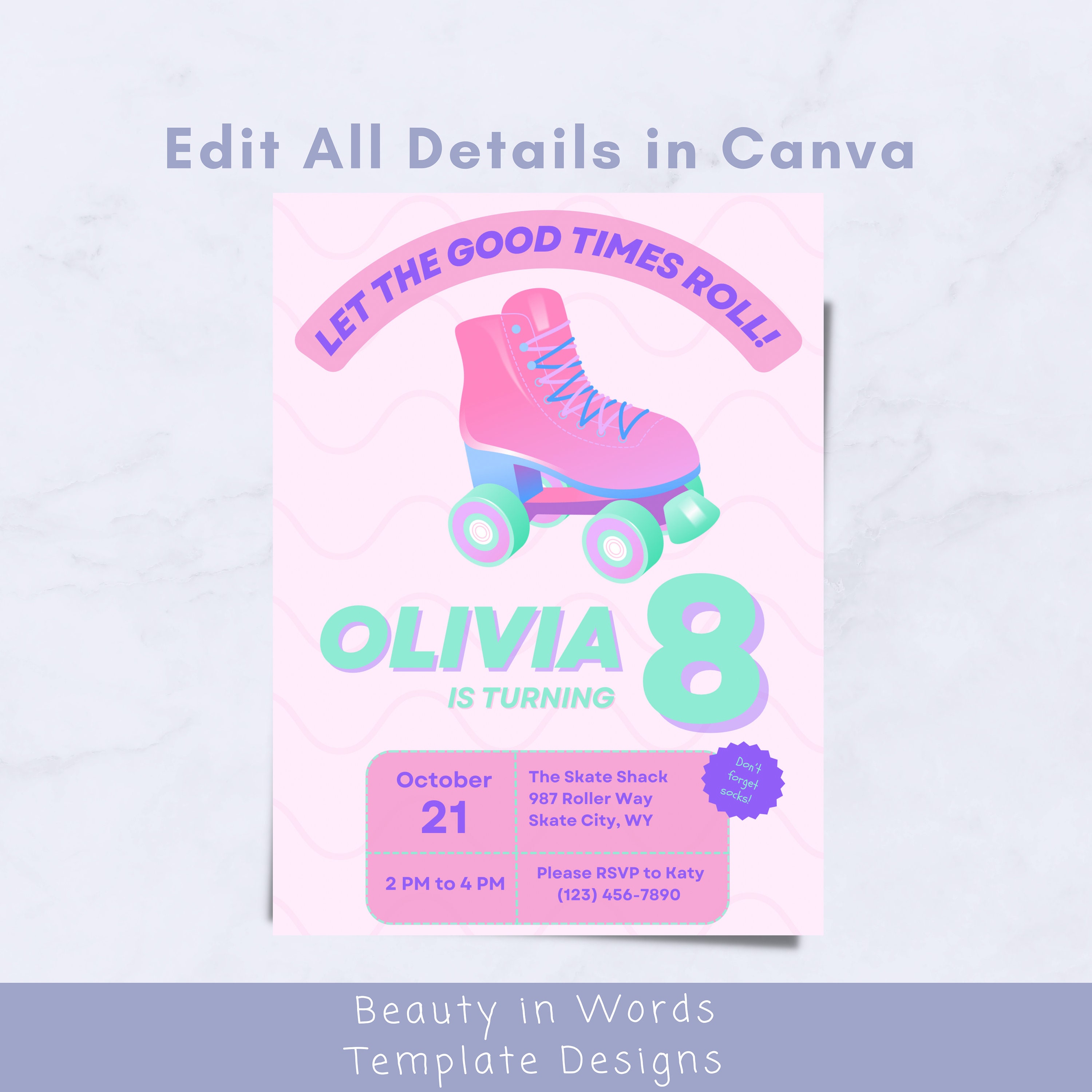 Editable Roller Skating Invite, Instant Download Skate Birthday ...