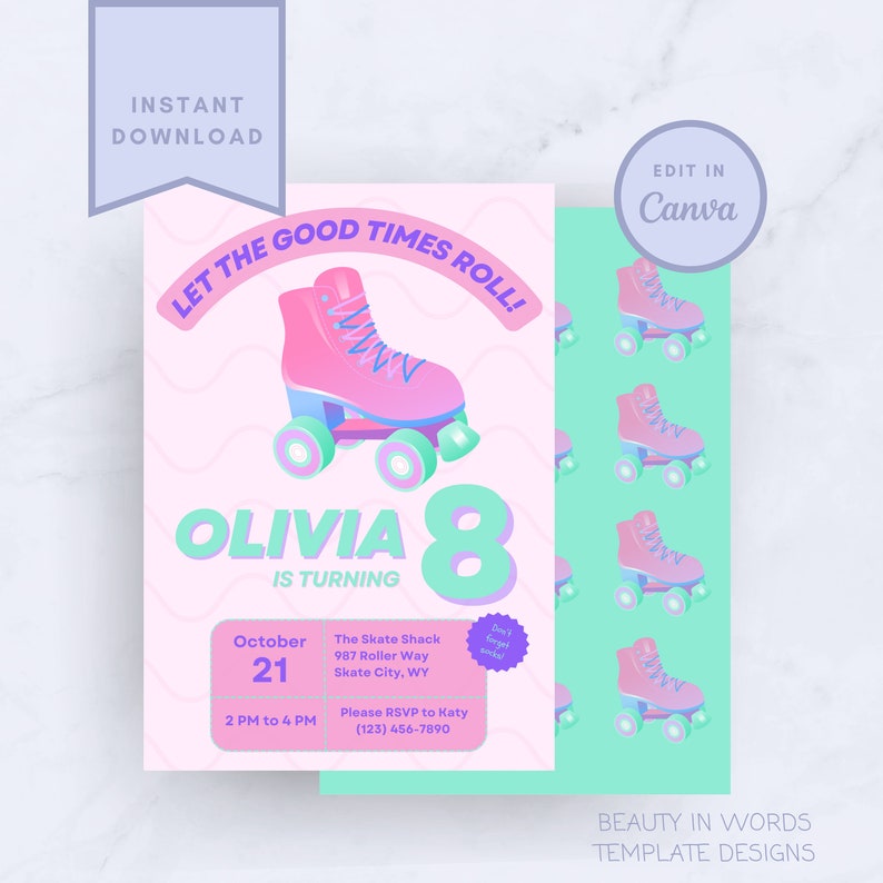 Editable Roller Skating Invite, Instant Download Skate Birthday ...