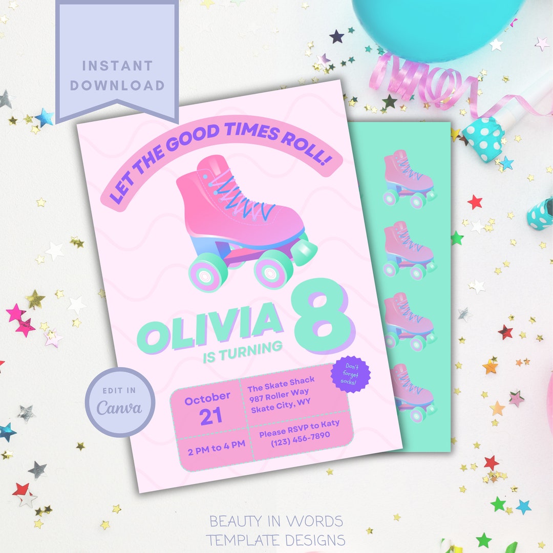 Editable Roller Skating Invite, Instant Download Skate Birthday ...
