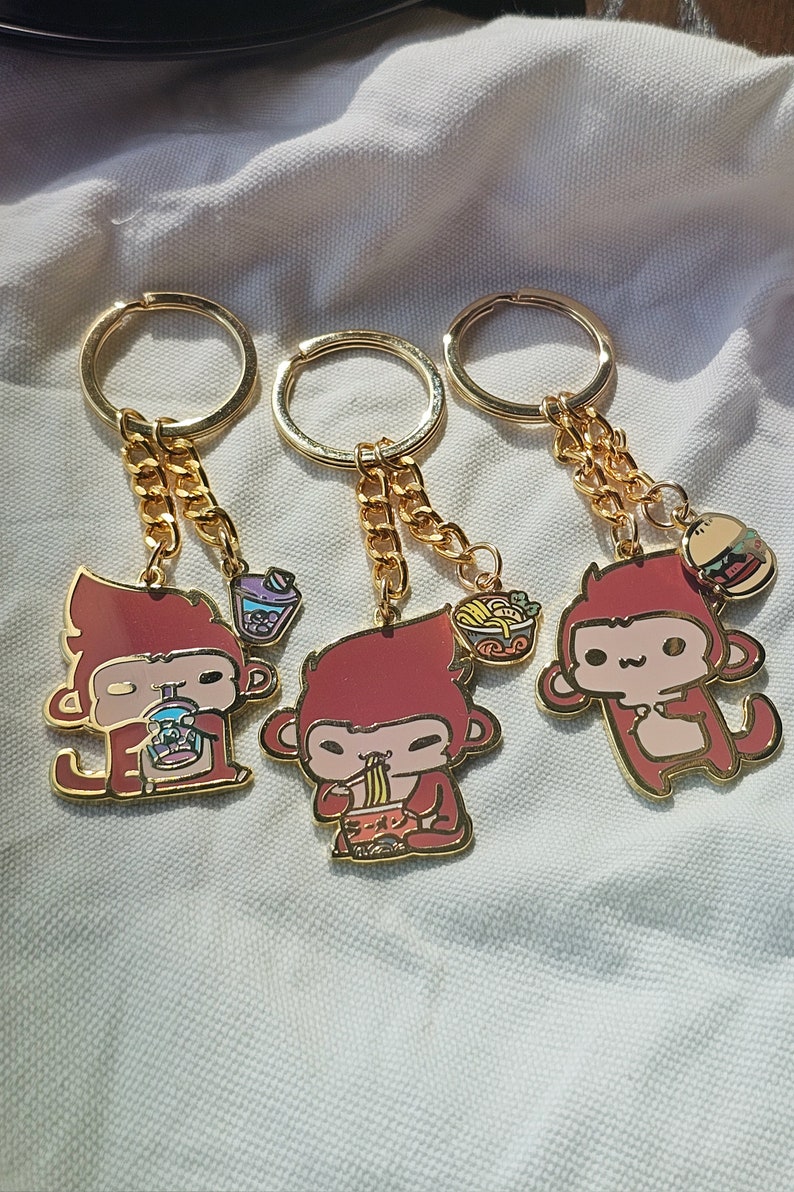 Monkey Keyrings With Tiny Size Food Item Cute Animal Keychain Bubble ...